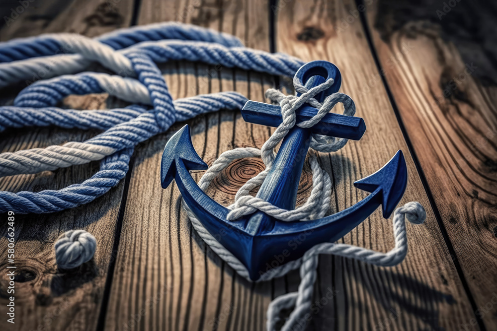Nautical background with ropes, weathered deck, anchor. Travel and ...