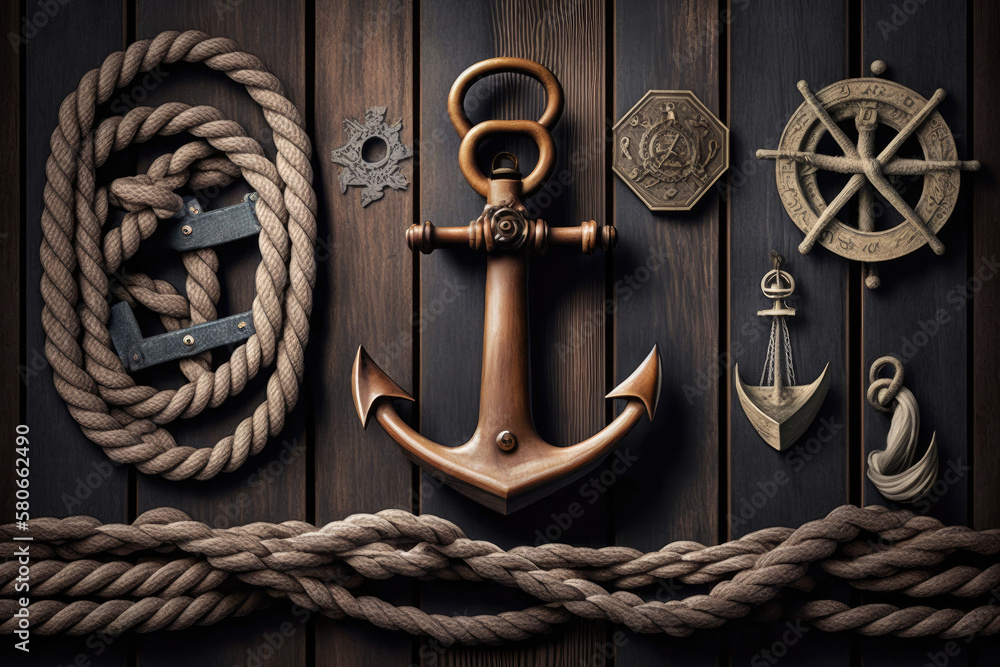 Nautical background with ropes, weathered deck, anchor. Travel and ...