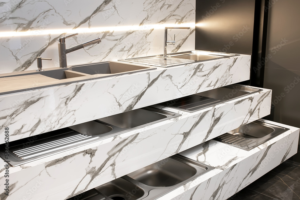 Display of kitchen sink samples. Sinks of different shapes on display ...