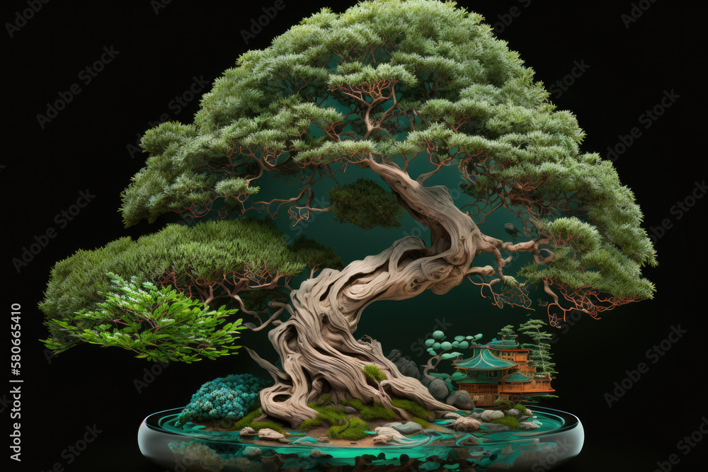standing figure for decoration, big tree with green tree crown, small ...