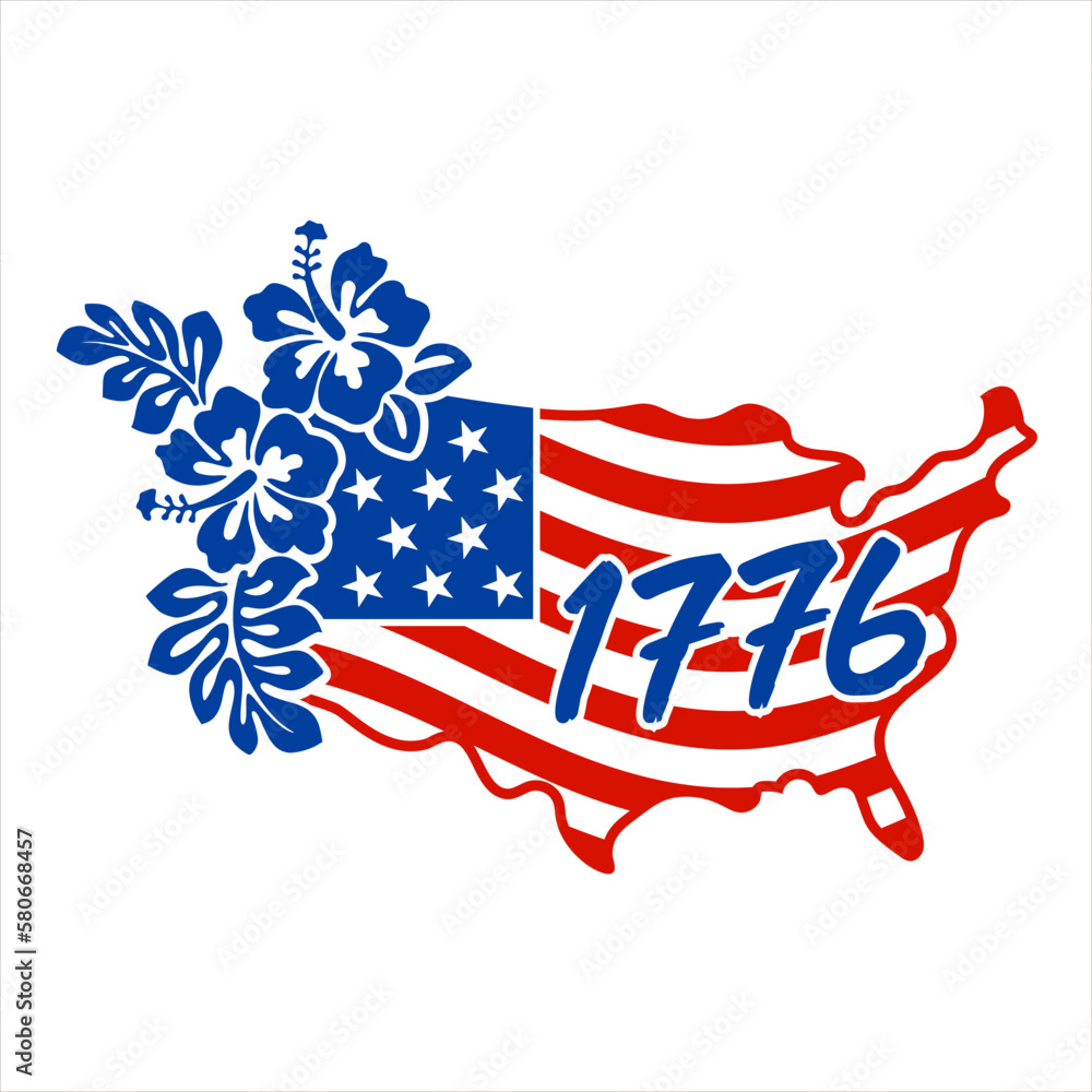 USA map 1776 as american flag with flowers. Celebration of 4th of July ...