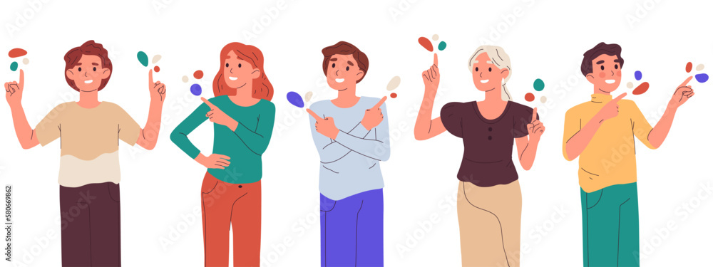 Characters pointing to something. People indicating and pointing with ...