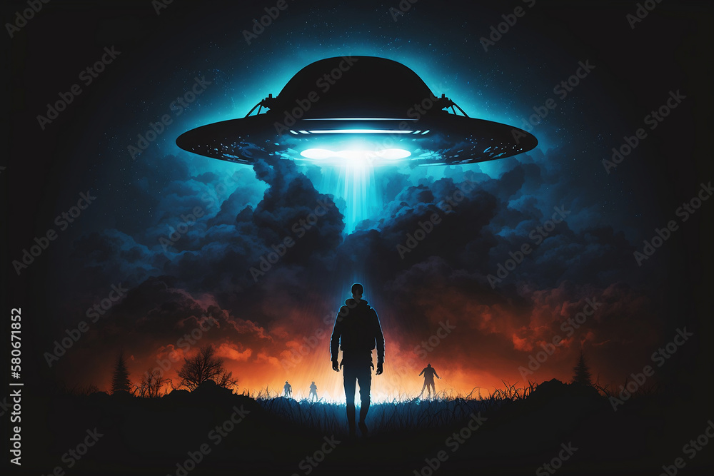 Flying saucer flies at night in sky over silhouette of man standing in ...