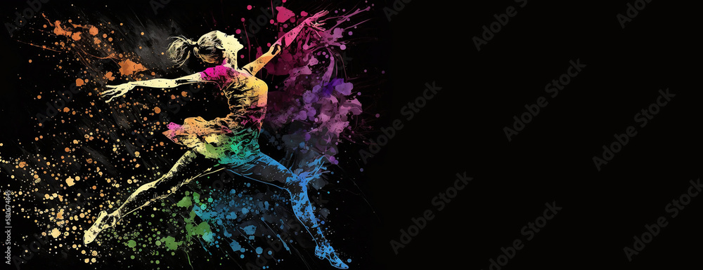 Ballerina or dancer dancing on a dark background. Colorful paint splash ...