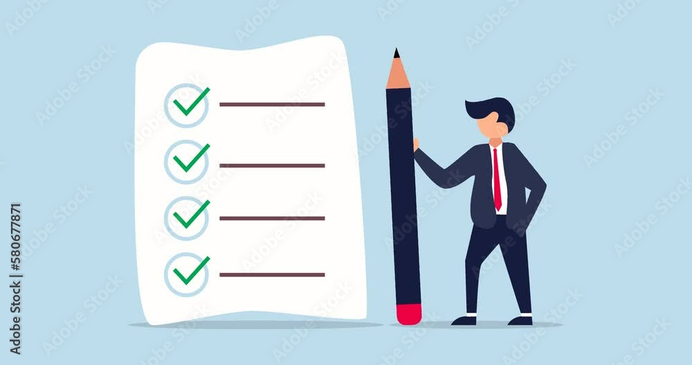 4k Checklist for work animation. confident businessman standing with ...