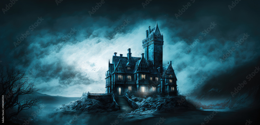 Haunted mansion on a hill, evil spiritual blue aurora emanating from ...