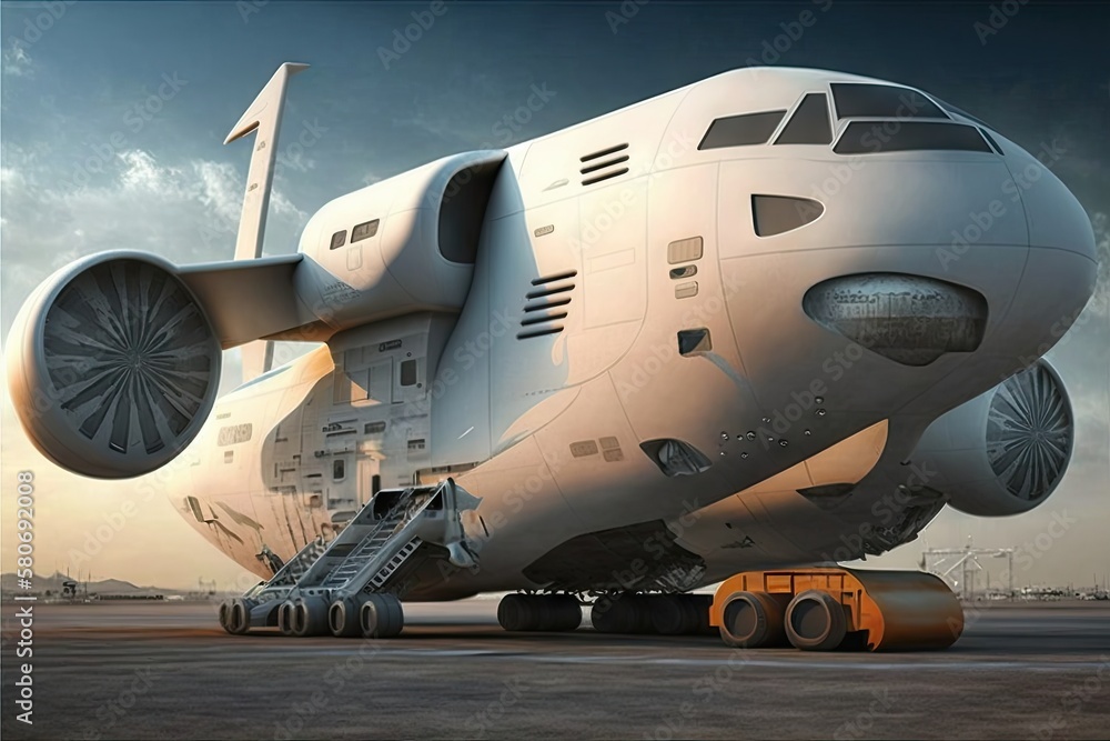 futuristic cargo plane of future with retractable landing gear, created ...