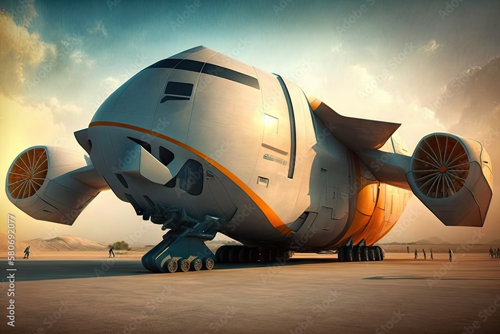 futuristic cargo plane of future with retractable landing gear, created ...