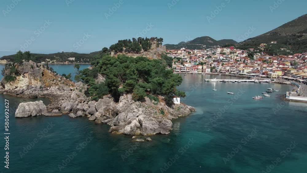 Parga, Greece. Aerial view of Parga town. Typical traditional Greek ...