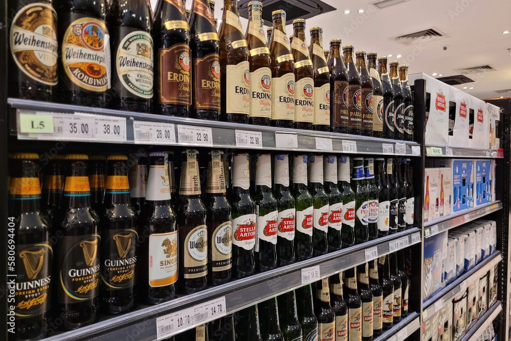 KUALA LUMPUR, MALAYSIA - 12 MARCH 2023: An assortment of imported beer ...