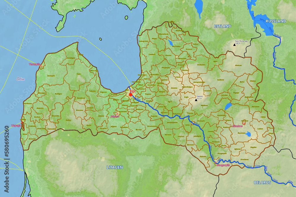 Geographische physische Karte von Lettland Stock Illustration | Adobe Stock