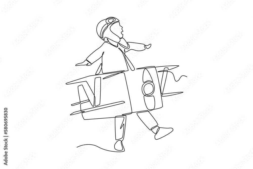 Continuous one line drawing Happy boy playing cardboard airplane. Happy ...