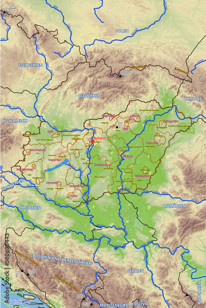 Geographische physische Karte von Ungarn Stock-Illustration | Adobe Stock