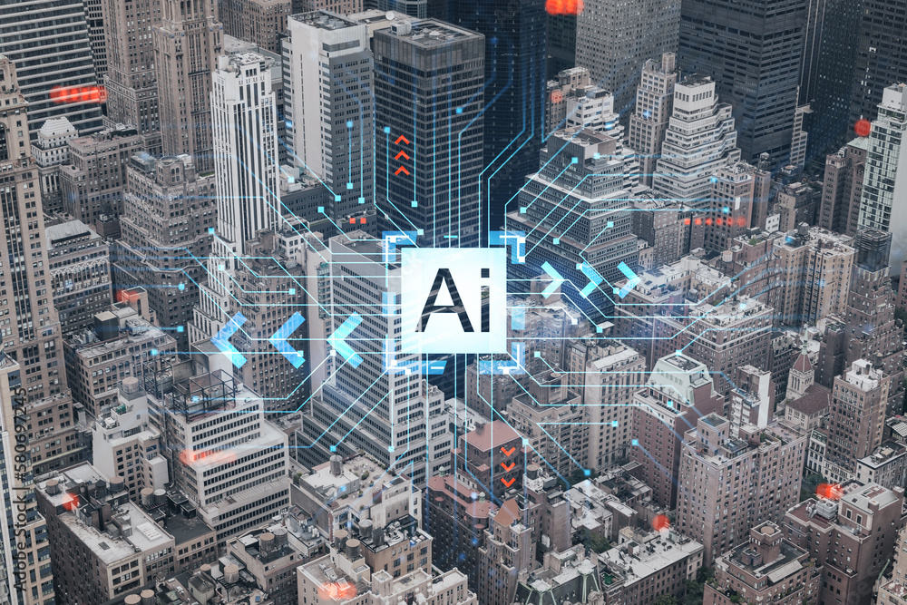 Aerial birds eye panoramic city view of Upper Manhattan area and East ...