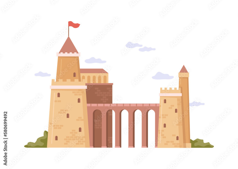 Stronghold or castle with brick exterior and towers, connection bridge ...