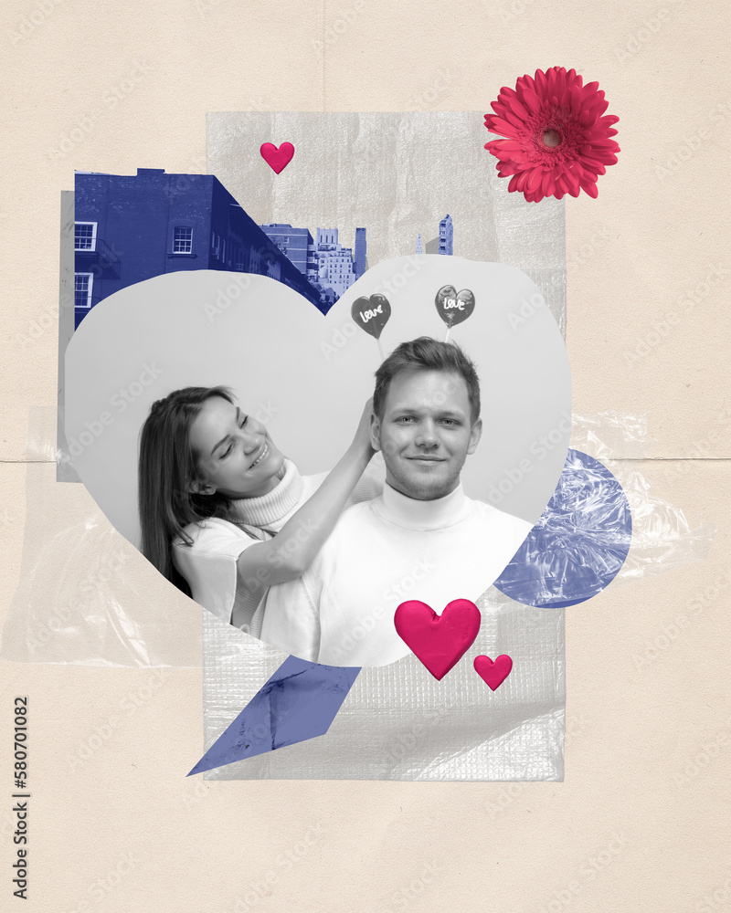 Contemporary art collage. Creative design. Happy young couple smiling ...