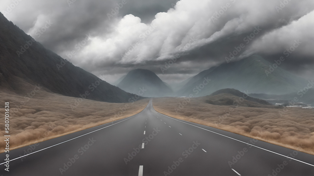 Illustrazione Stock An empty road, a dark dramatic landscape as a ...