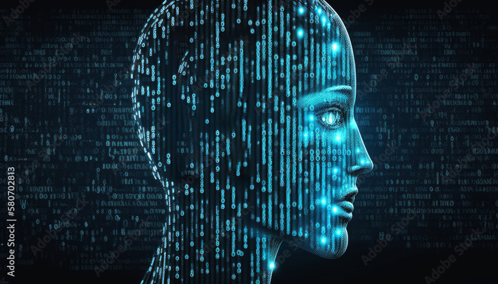 Artificial intelligence illustration with AI over binary code matrix ...