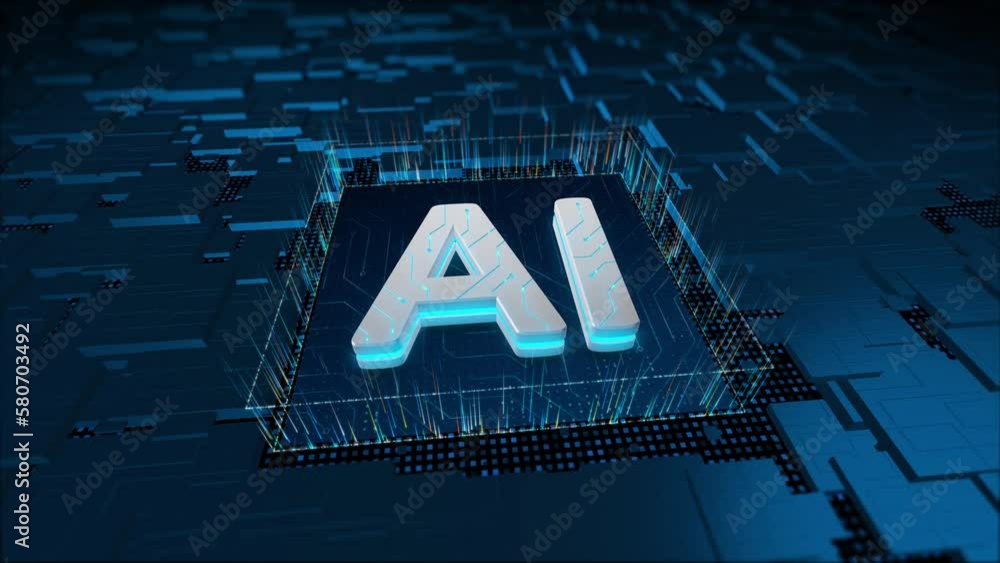 Motion graphic of 3D blue AI letter with circuit board and 3d abstract ...