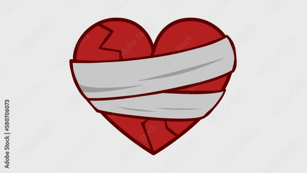 2d animation of a beating broken heart tied with bandages. Looped ...