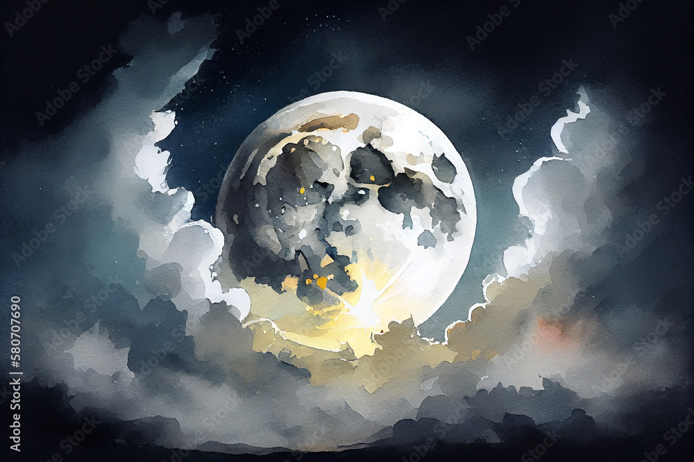 A hauntingly beautiful illustration of a big ghostly moon in the night ...