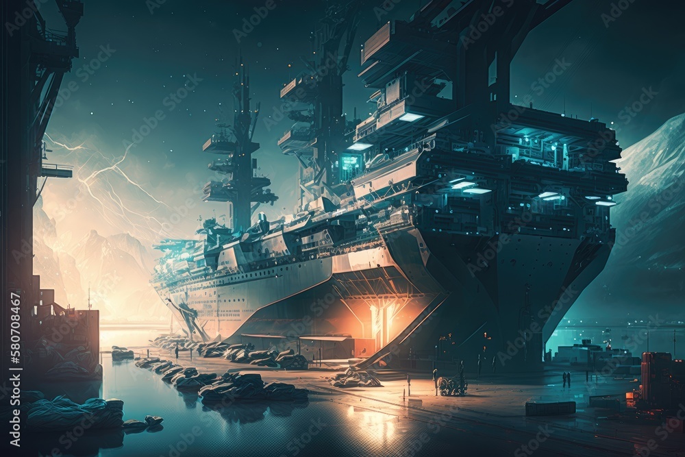 futuristic cargo port of future with shining metal stevedores and ships ...