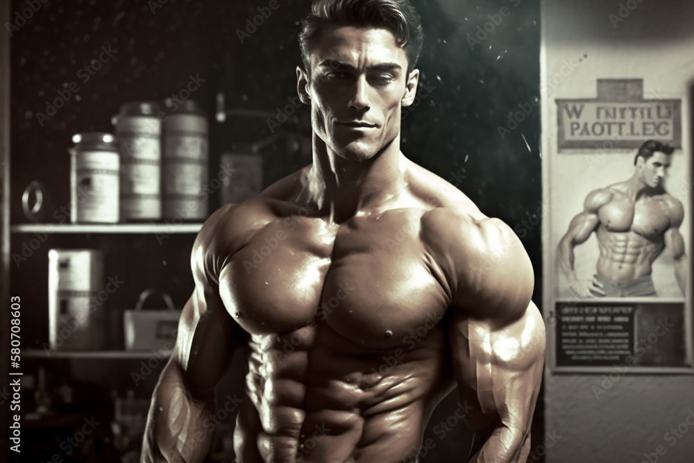 Sculpted male bodybuilder in a gym, surrounded by weights, exuding ...