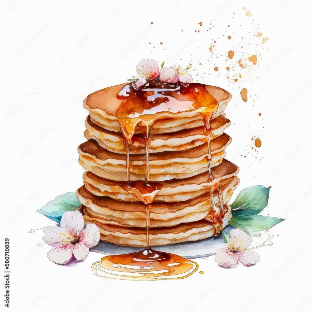 Watercolor pancakes with maple syrup on white background. Generative AI ...