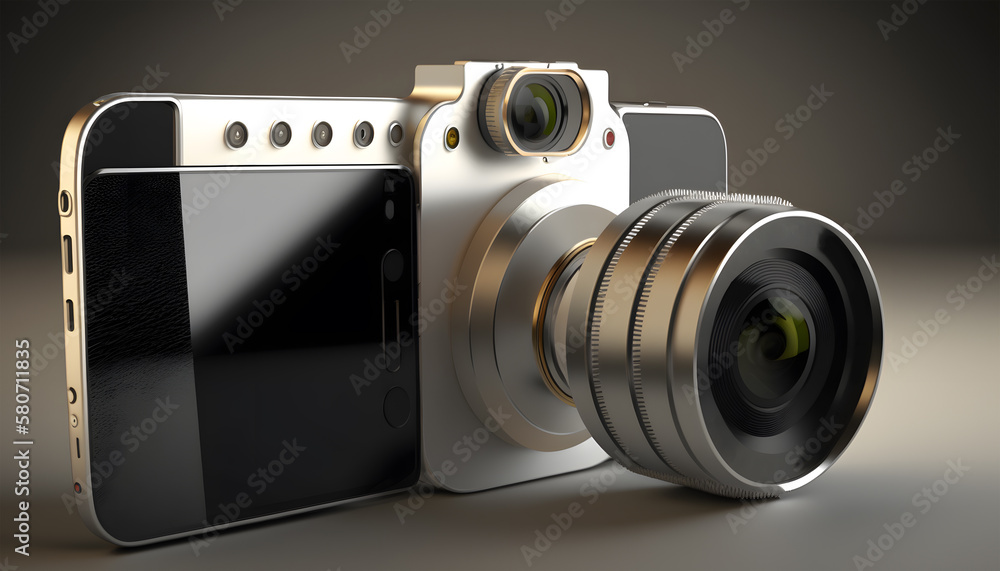 Smartphone with lens of proffesional camera. 3d rendering. Generative ...