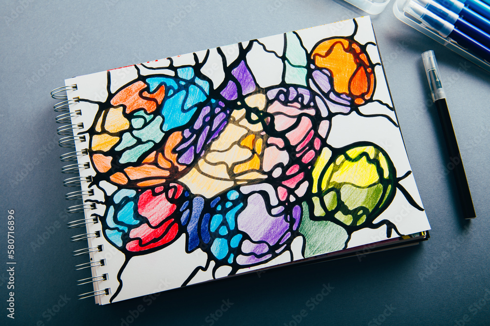 Colorful neurographic drawing on paper with color pencils and markers ...