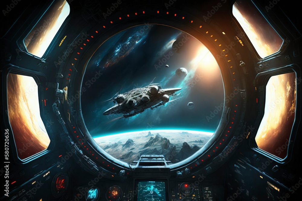The cockpit of a spaceship, crossing the interstellar space and flying ...