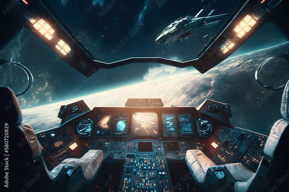 The cockpit of a spaceship, crossing the interstellar space and flying ...
