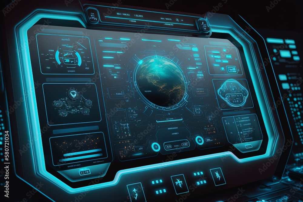 The cockpit of a spaceship, crossing the interstellar space and flying ...