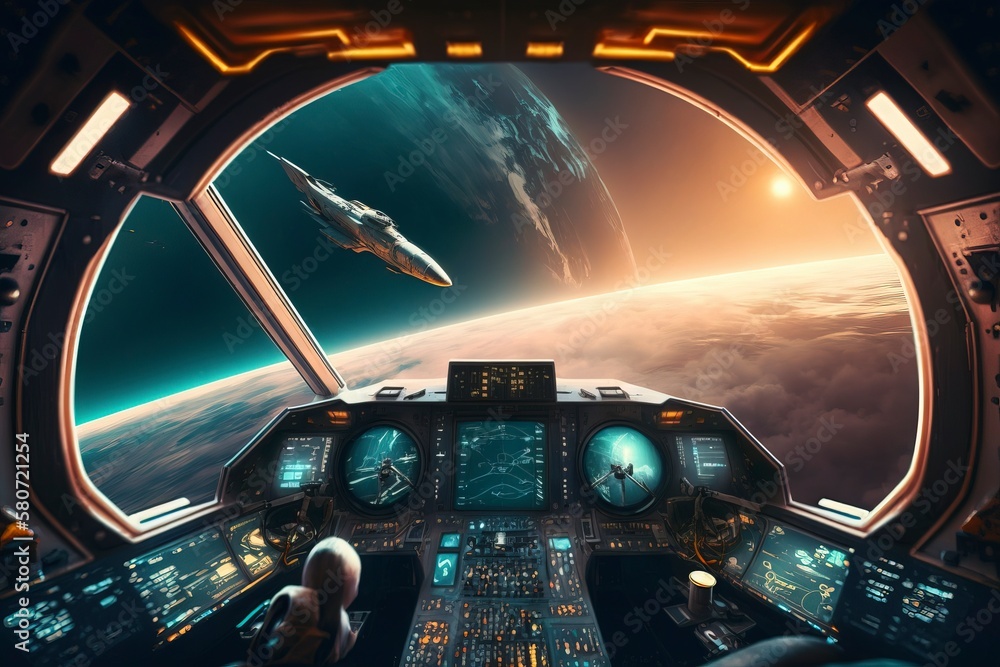 The cockpit of a spaceship, crossing the interstellar space and flying ...