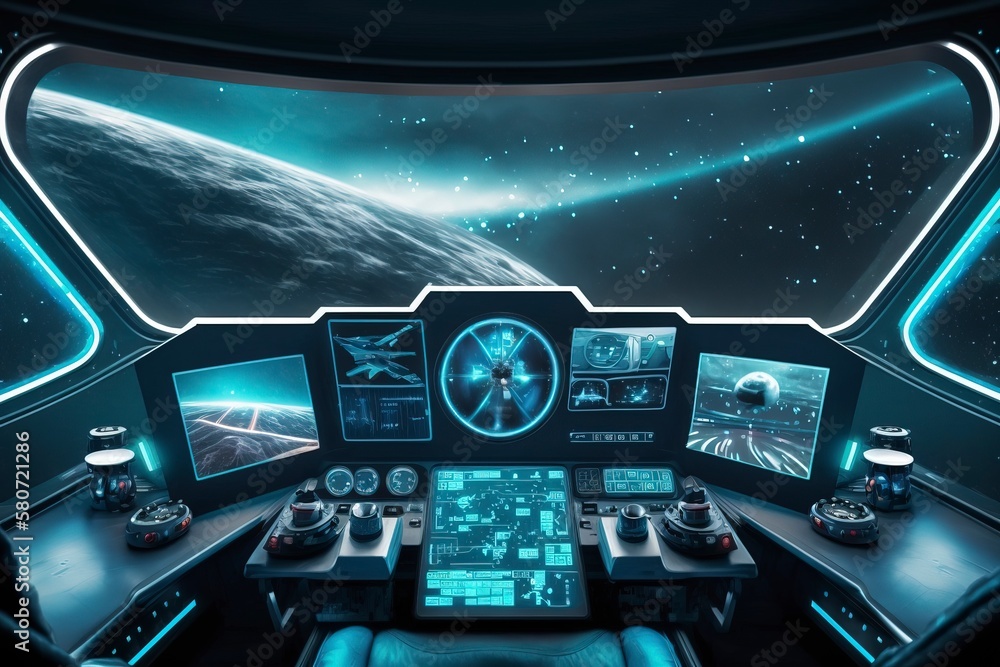The cockpit of a spaceship, crossing the interstellar space and flying ...