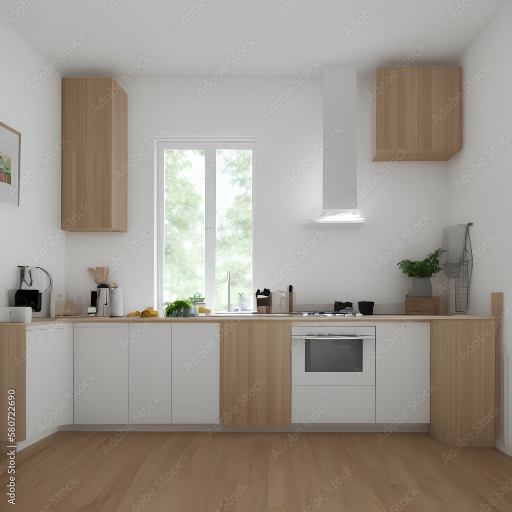 Front view on bright kitchen room interior with cupboard, white wall ...