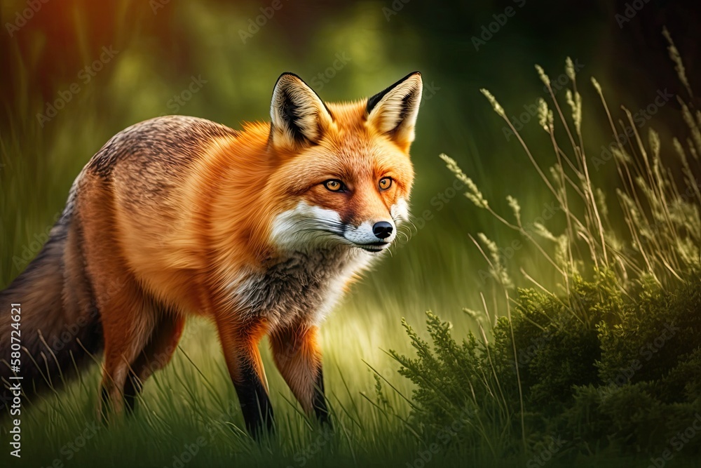 Vulpes vulpes, a red fox, is on the hunt. This is a scene of European ...