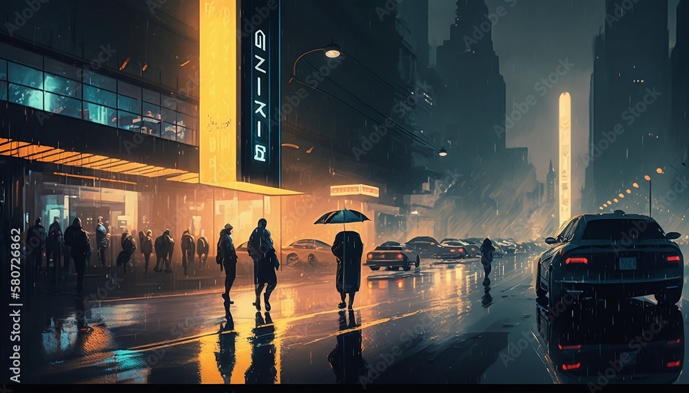 Illustration of a city center place of a futuristic city at night on ...