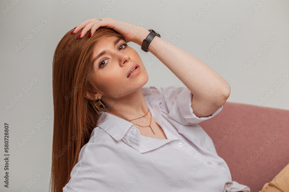 Cute beautiful young redhead model girl with natural red hair in a ...