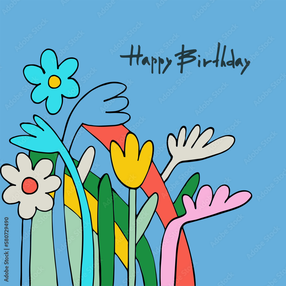 Happy Birthday greeting card design with flowers in trendy retro style ...