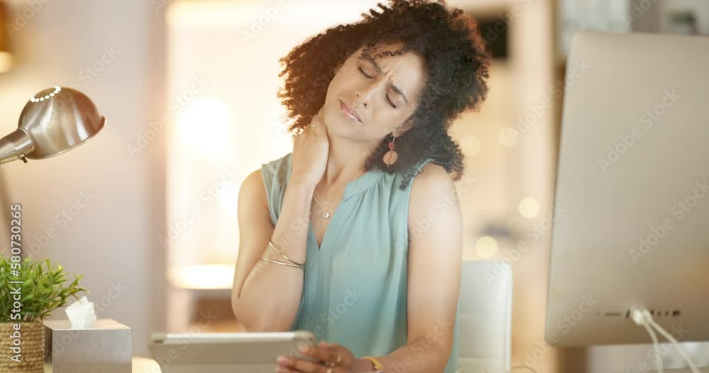 Neck pain, woman and stress in office at night for joint injury, muscle ...