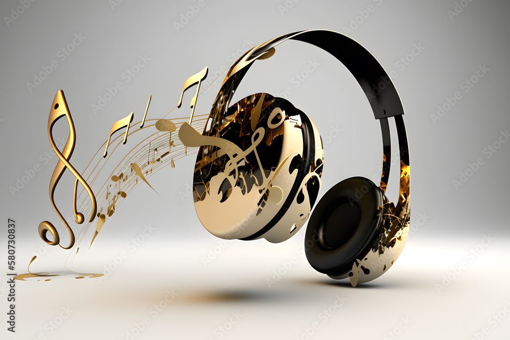 3d rendering of headphones and music notes on white background. Music ...