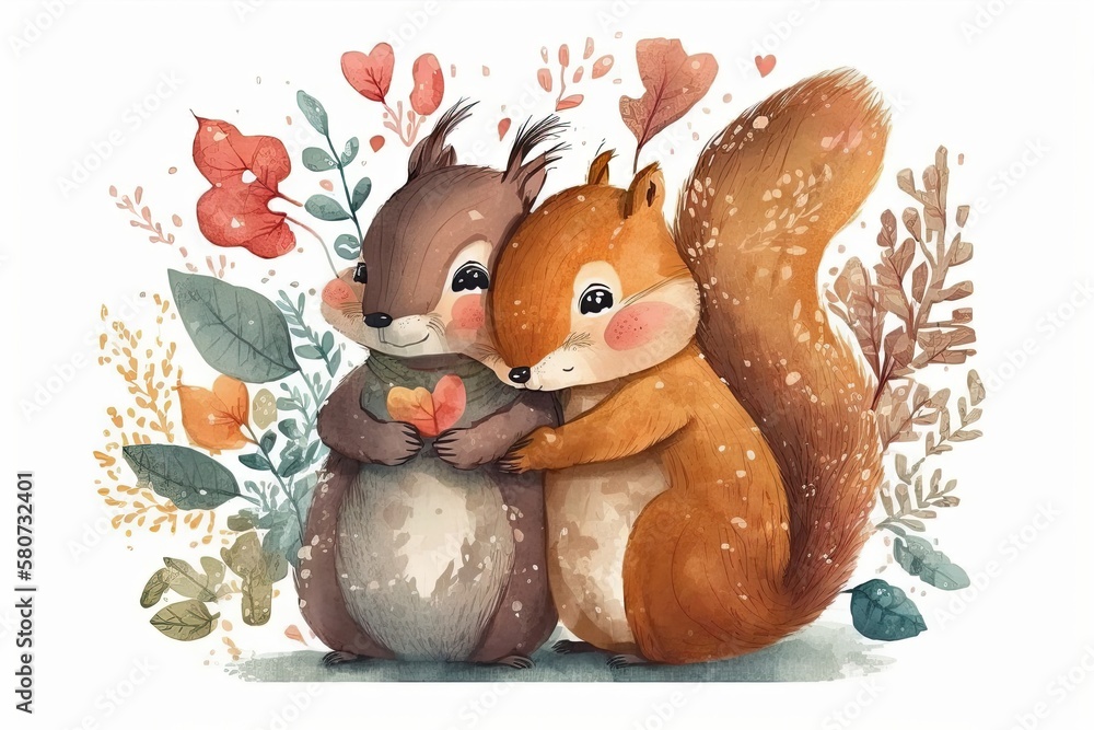 Cute squirrels couple hugs, watercolor clipart, love illustration with ...