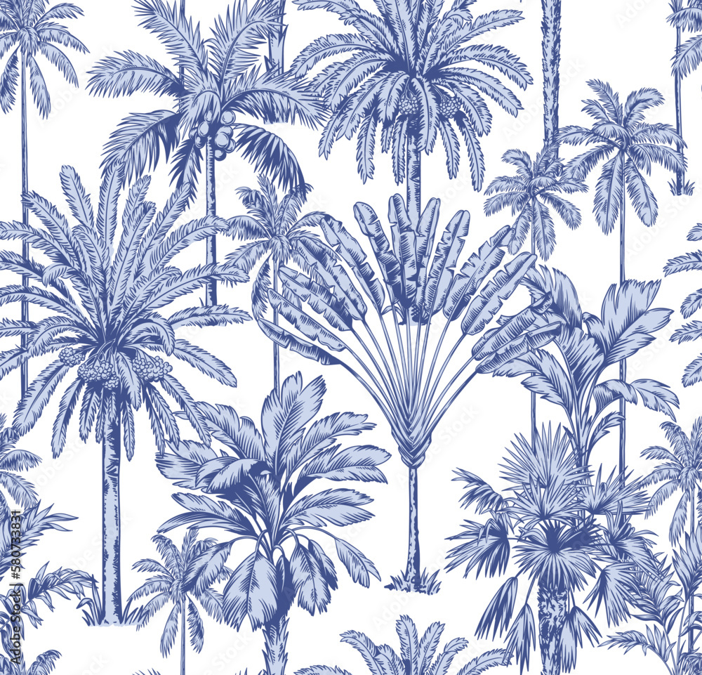 Vintage seamless pattern with tropical palms. Trees in linear style ...