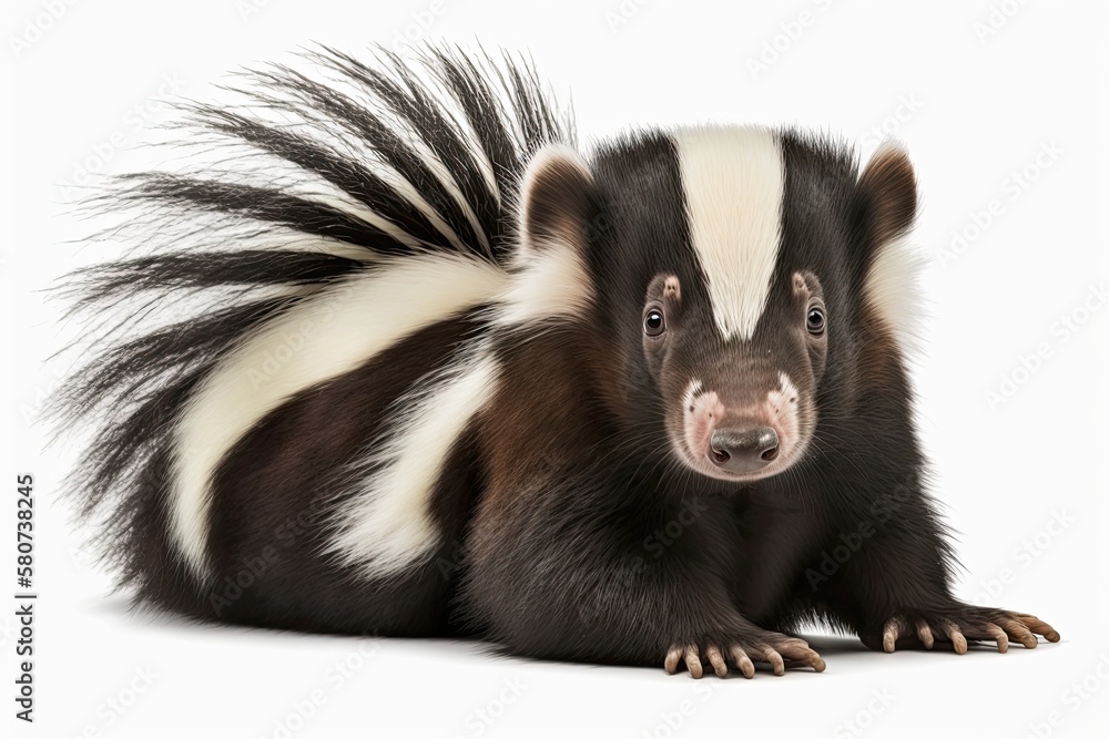 Cute young brown and white striped skunk, also called Mephitis mephitis ...