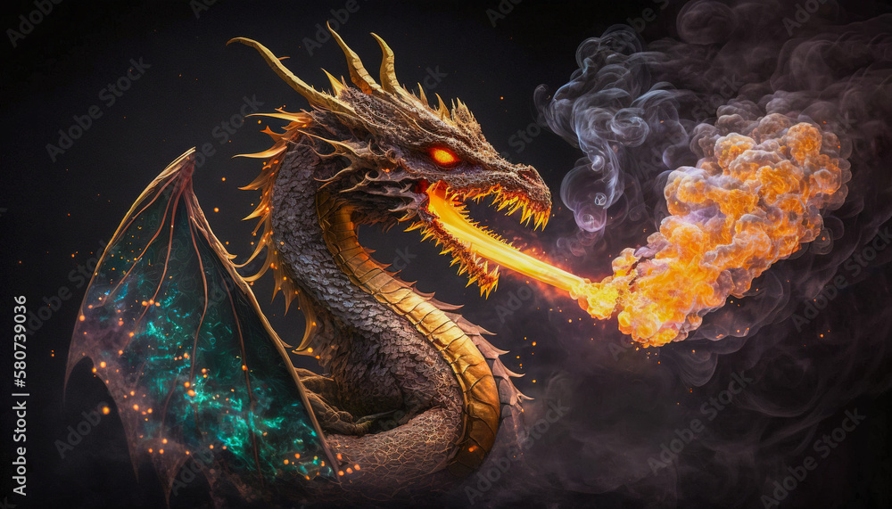Blazing Dragon, A Fiery and Ferocious Beast Breathing Smoke and Fire ...