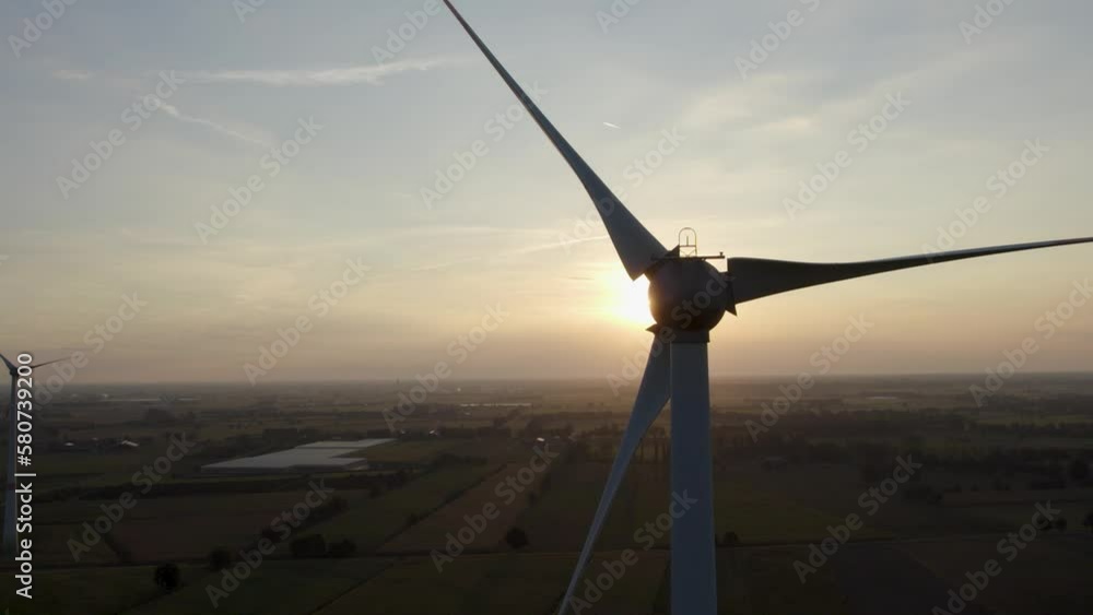 Close-up view windmill farm from drone. Cinematic aerial view of large ...