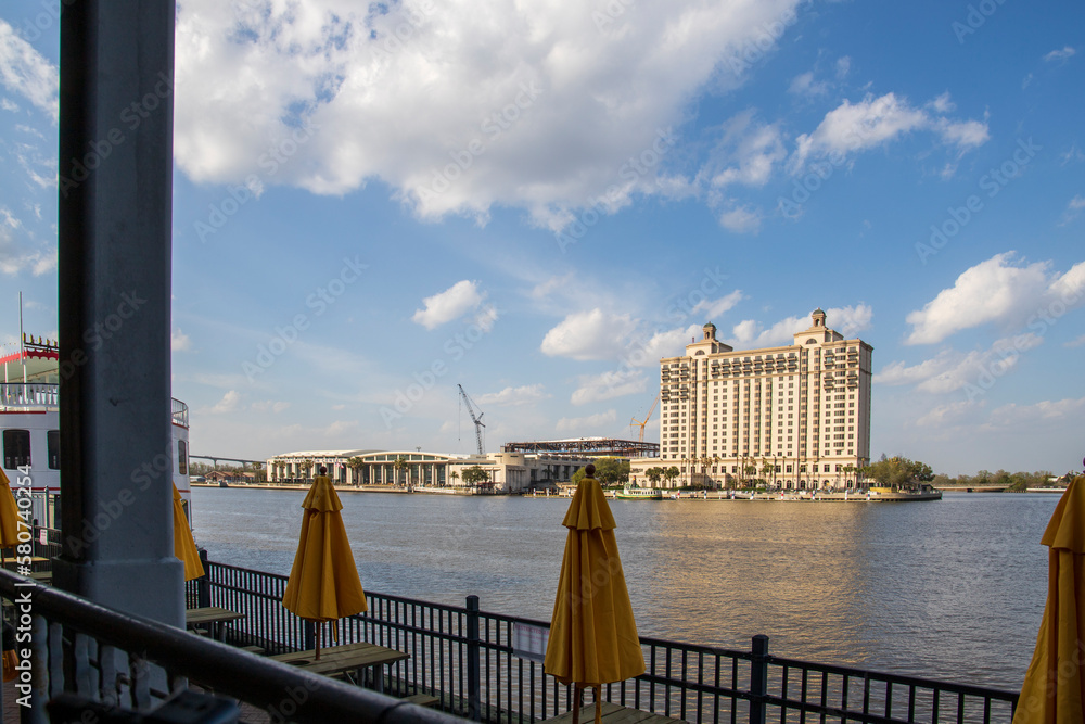 The blue waters of the Savannah River with the Westin Hotel and the ...