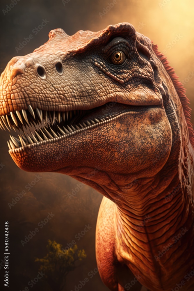 Tyrannosaurus rex roaring over tree and smoke clouds, created using ...