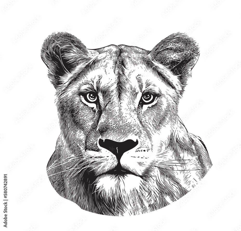 Adult lioness portrait hand drawn sketch illustration, Wild animals ...
